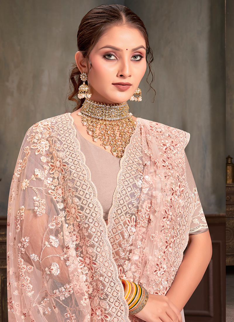 Buy Peach Net Sequins Work Wedding Wear Saree Online From Surat Wholesale Shop.